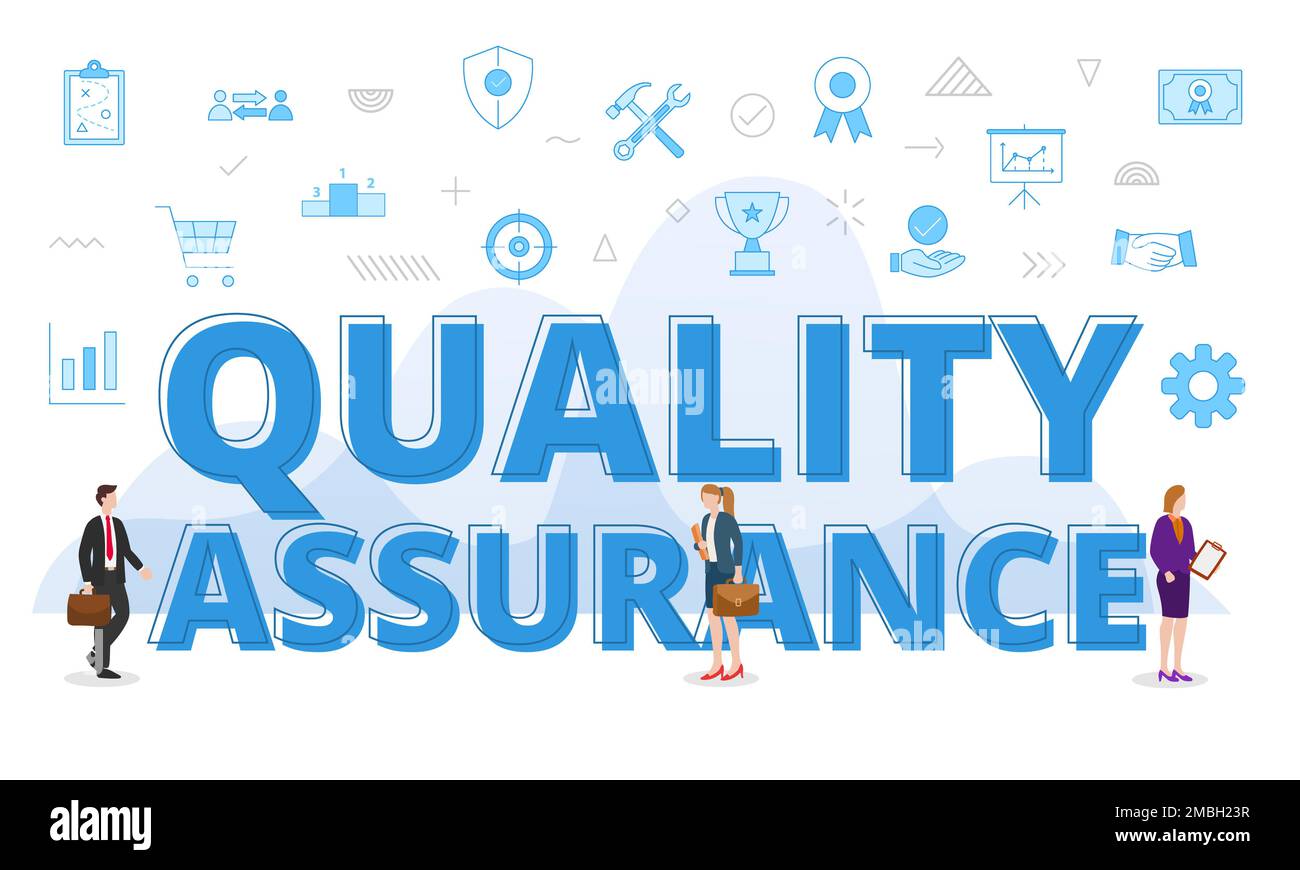 qa quality assurance concept with big words and people surrounded by ...
