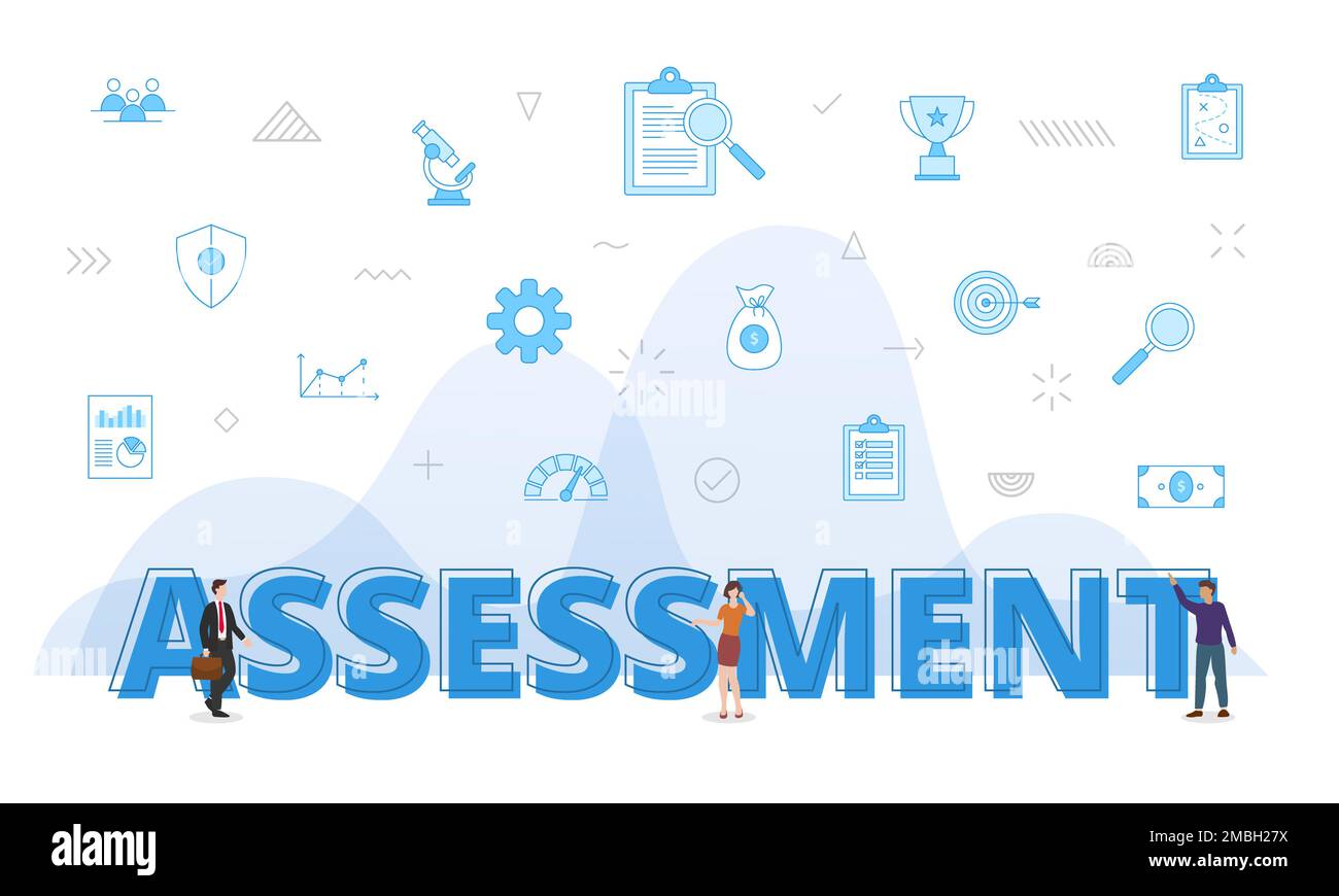 business assessment concept with big words and people surrounded by ...