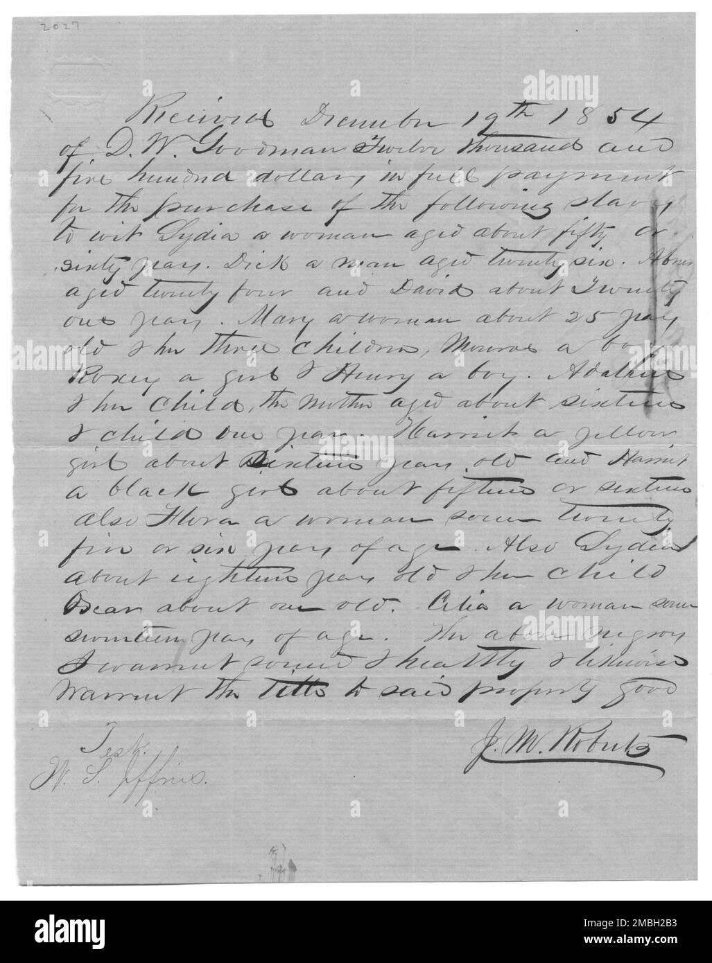 Receipt for $12,500 for slave purchase, 1854-12-19. 'Received December ...