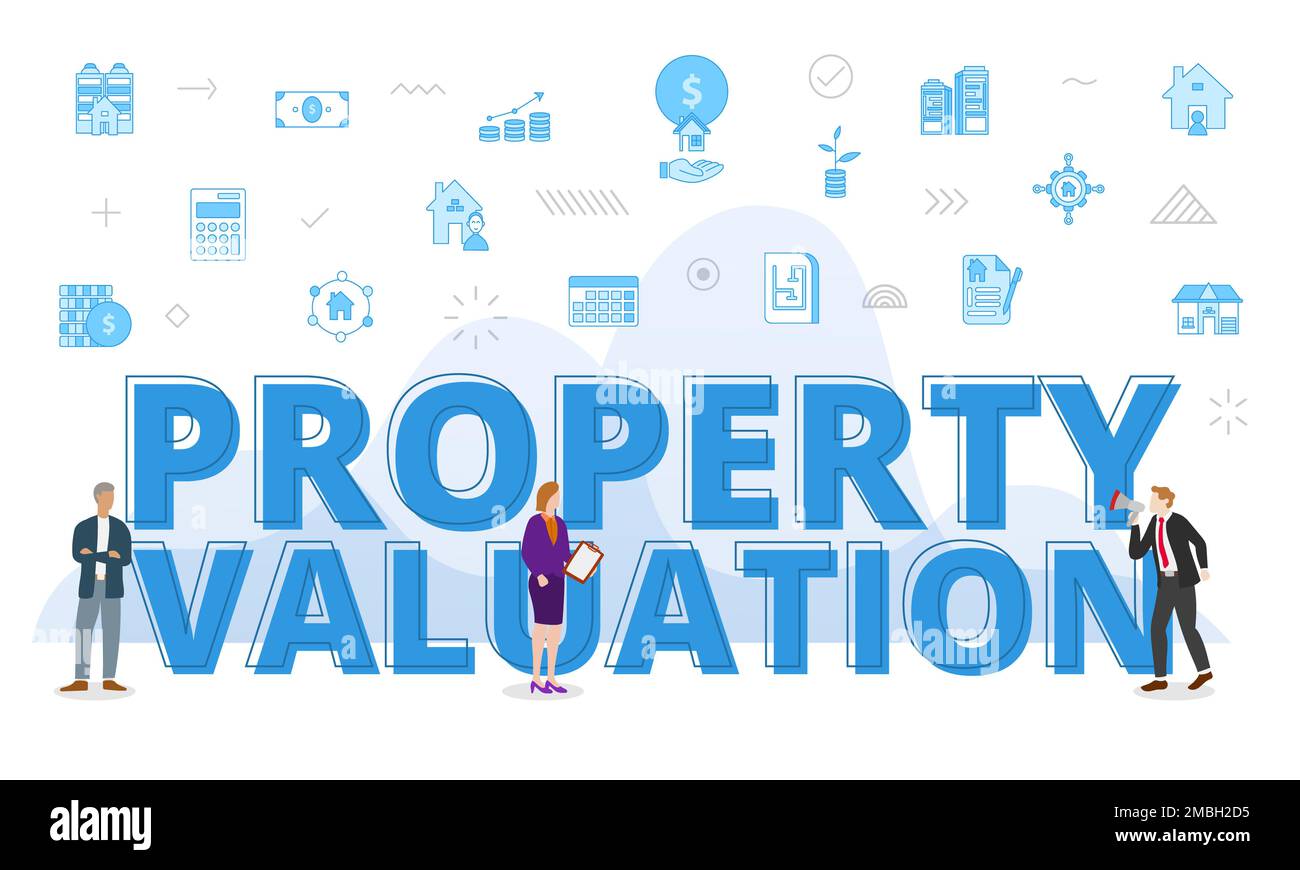 property valuation concept with big words and people surrounded by ...