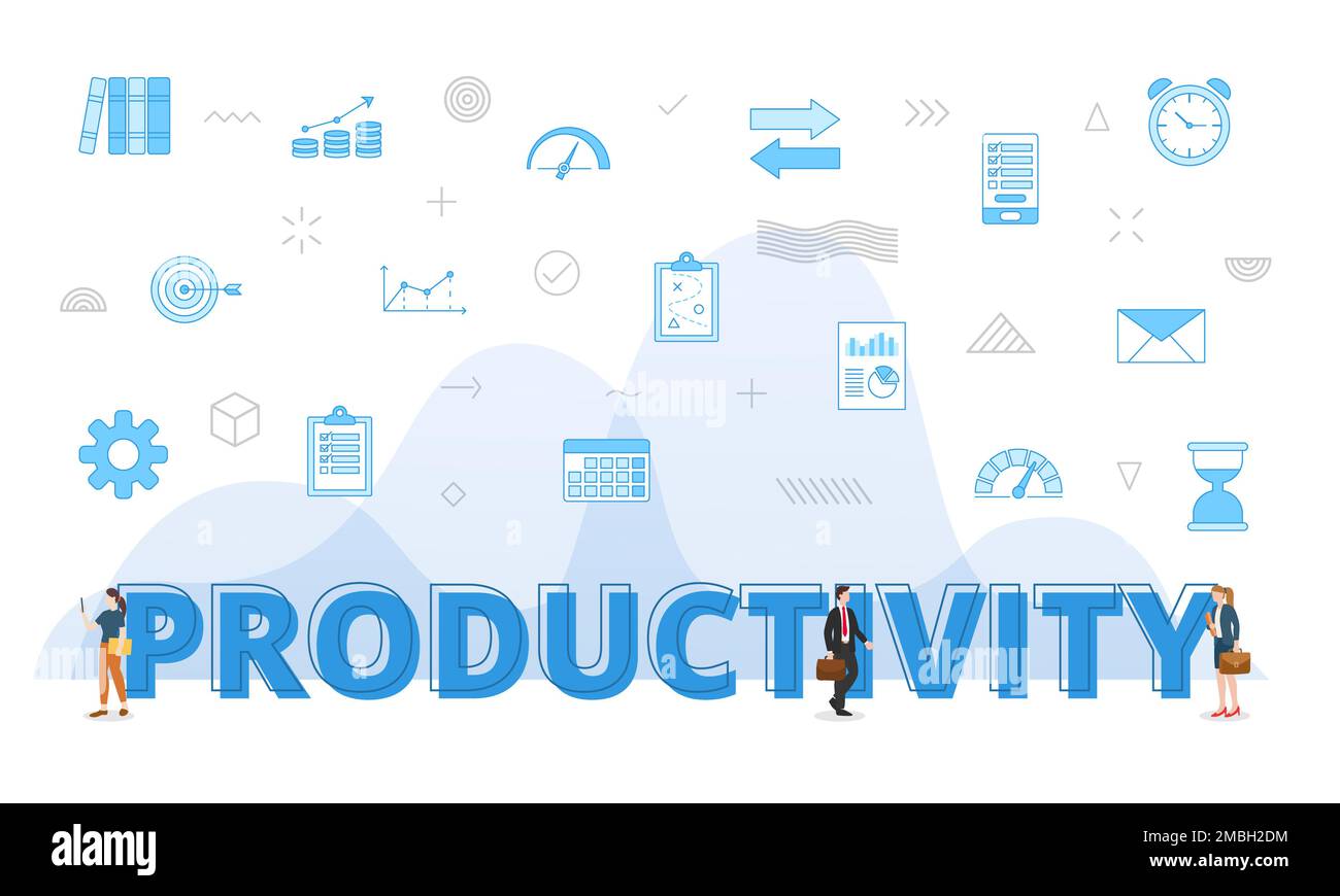 productivity concept with big words and people surrounded by related ...