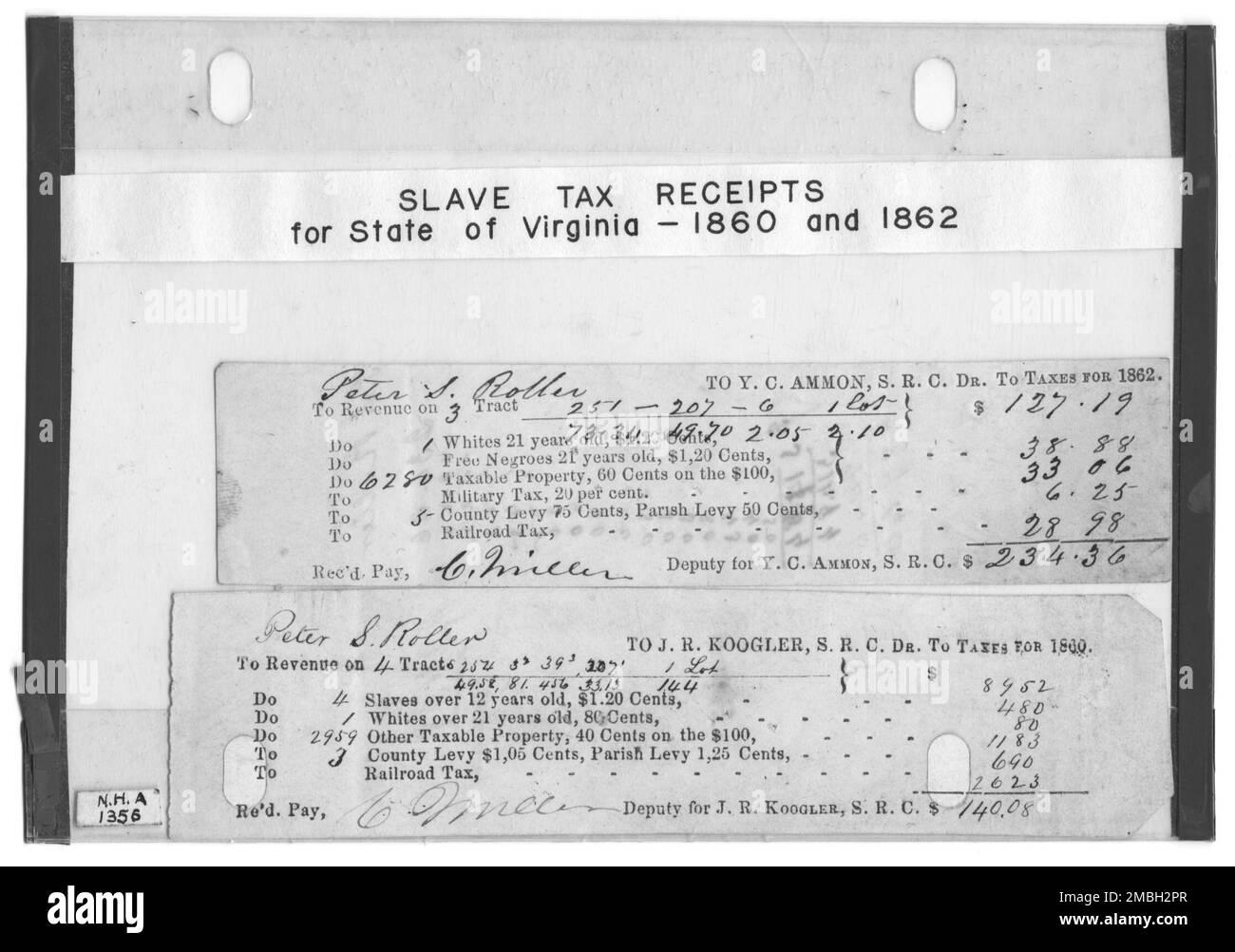 Slavery tax receipts for State of Virginia : 1860 and 1862. For Peter S ...