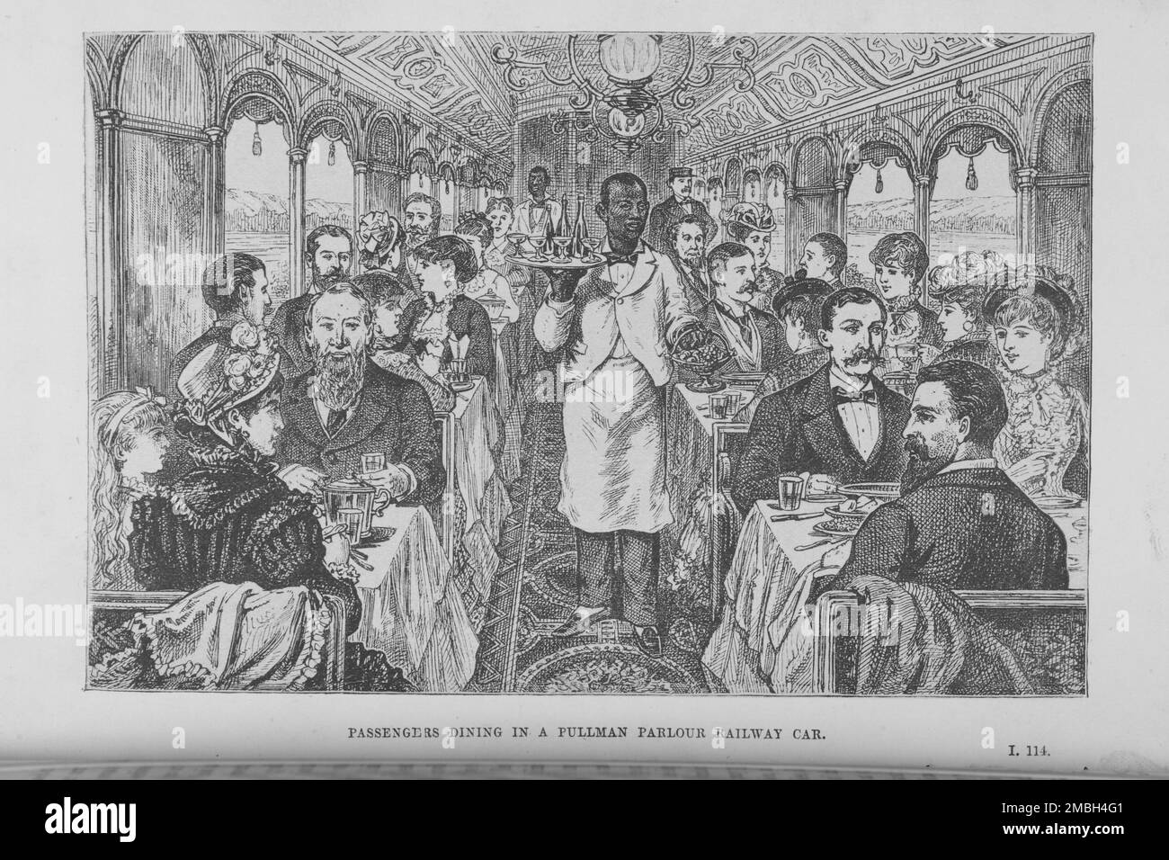 Passengers dining in a Pullman parlour railway car, 1882 Stock Photo ...