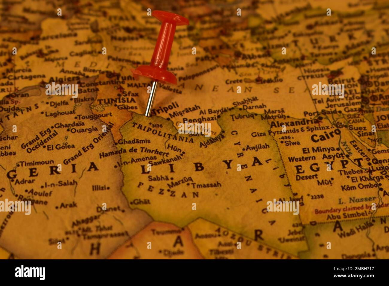 Vintage map of Libya with a pin on a Tripoli Stock Photo - Alamy