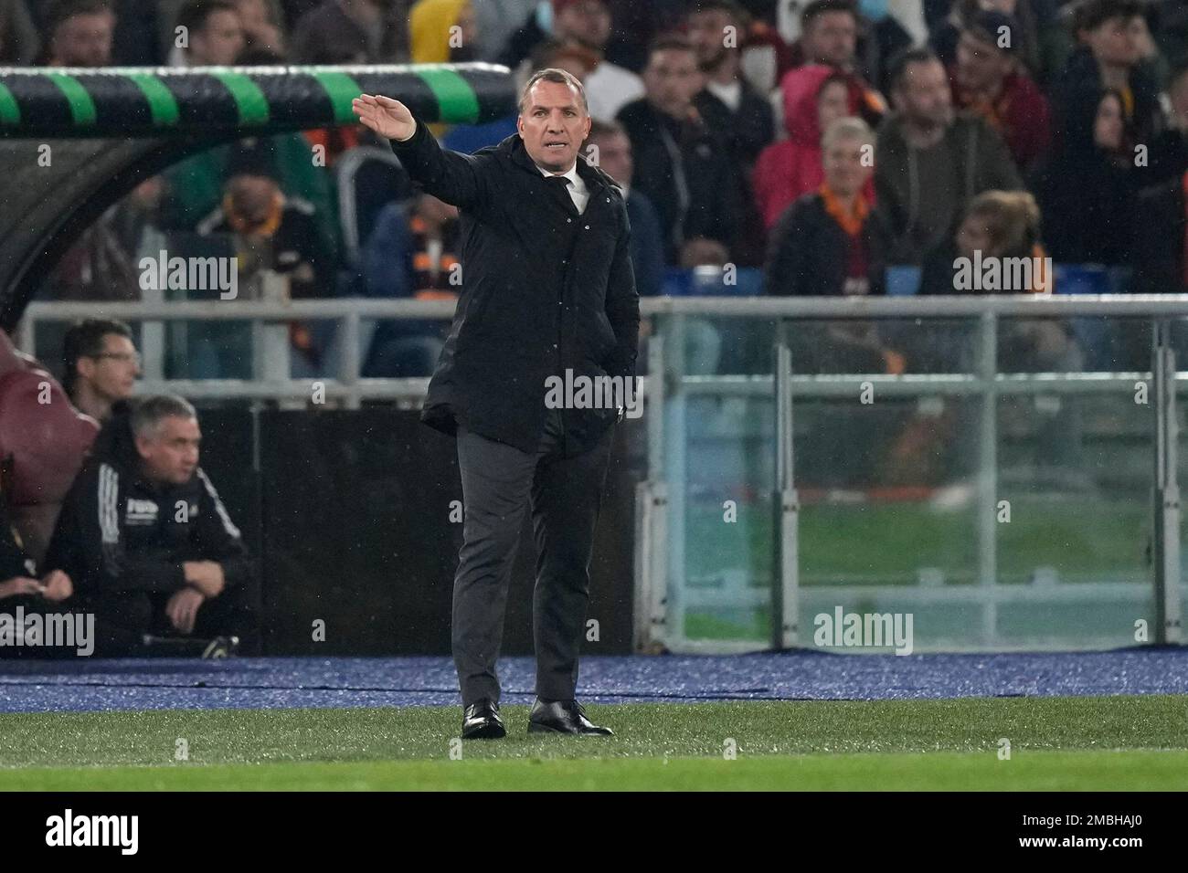 Leicester's manager Brendan Rodgers gestures during a Conference League ...