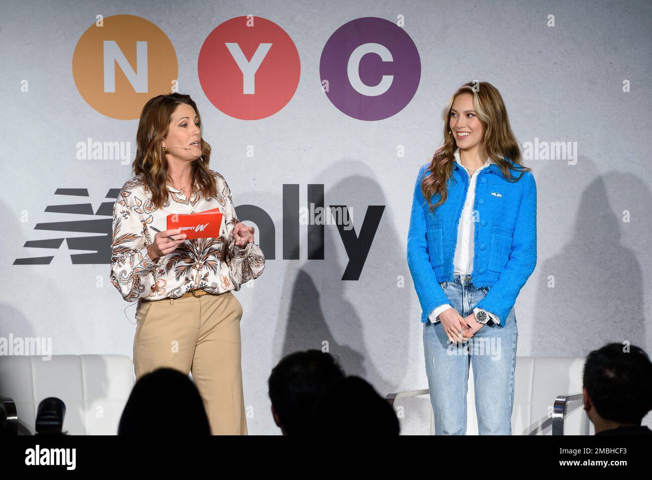 Julie Foudy, left, and Eileen Gu participate in the espnW Women+Sports ...