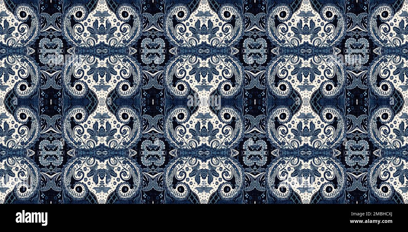 Retro indigo floral bandana 2 tone patterned fabric border background ...