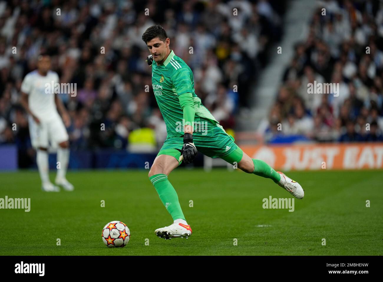 Real Madrid's goalkeeper Thibaut Courtois kicks the ball during the ...