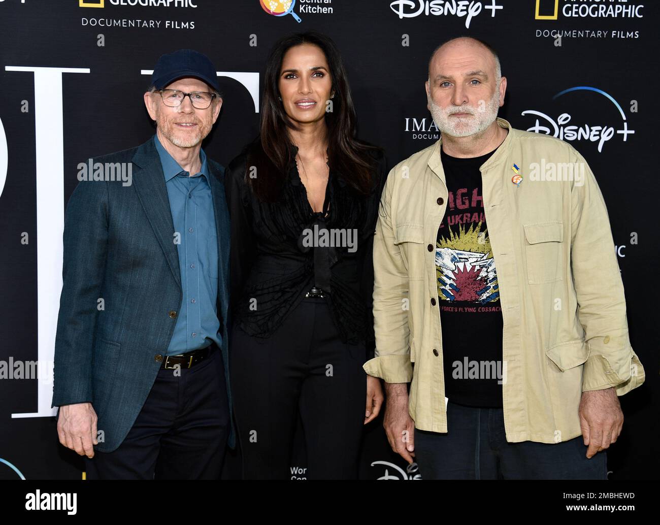 Ron Howard, left, Padma Lakshmi and Jose Andres attend the premiere of ...