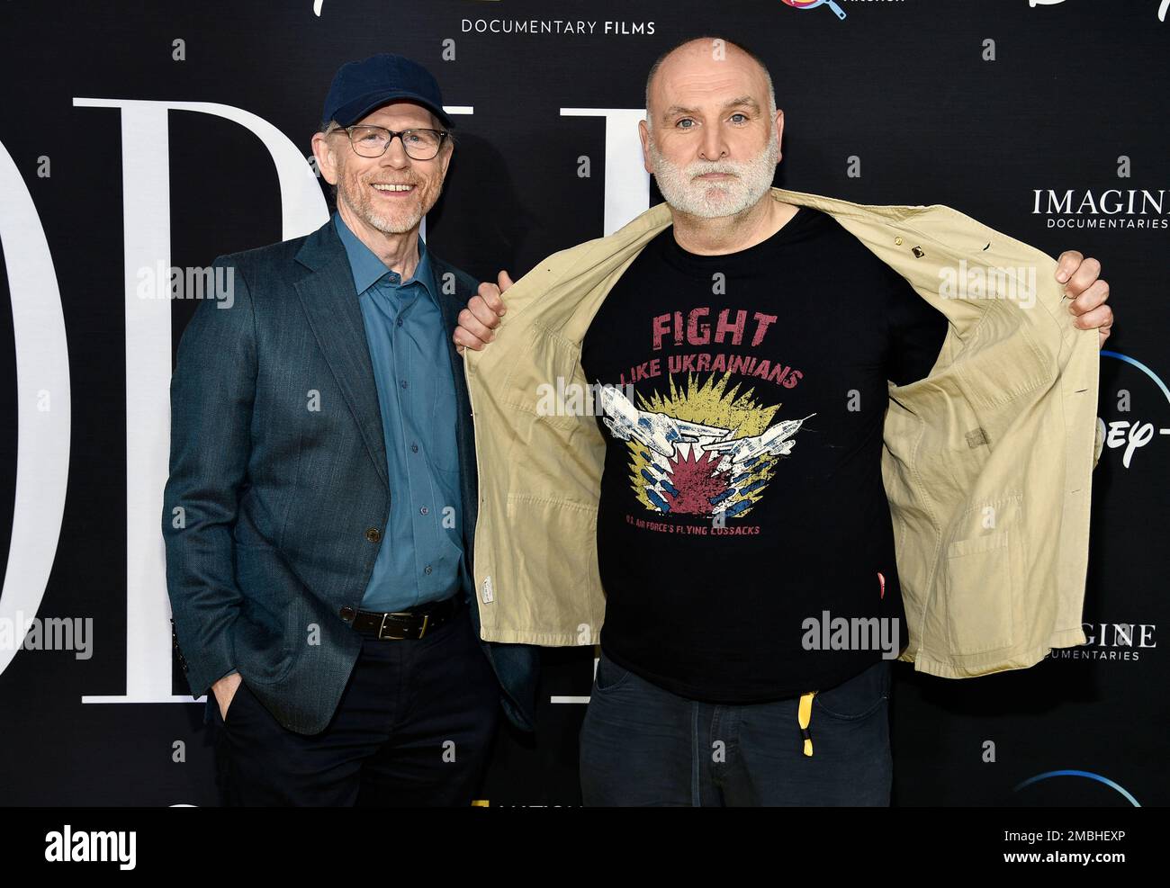 Director Ron Howard, left, and film subject chef Jose Andres attend the premiere of "We Feed ...