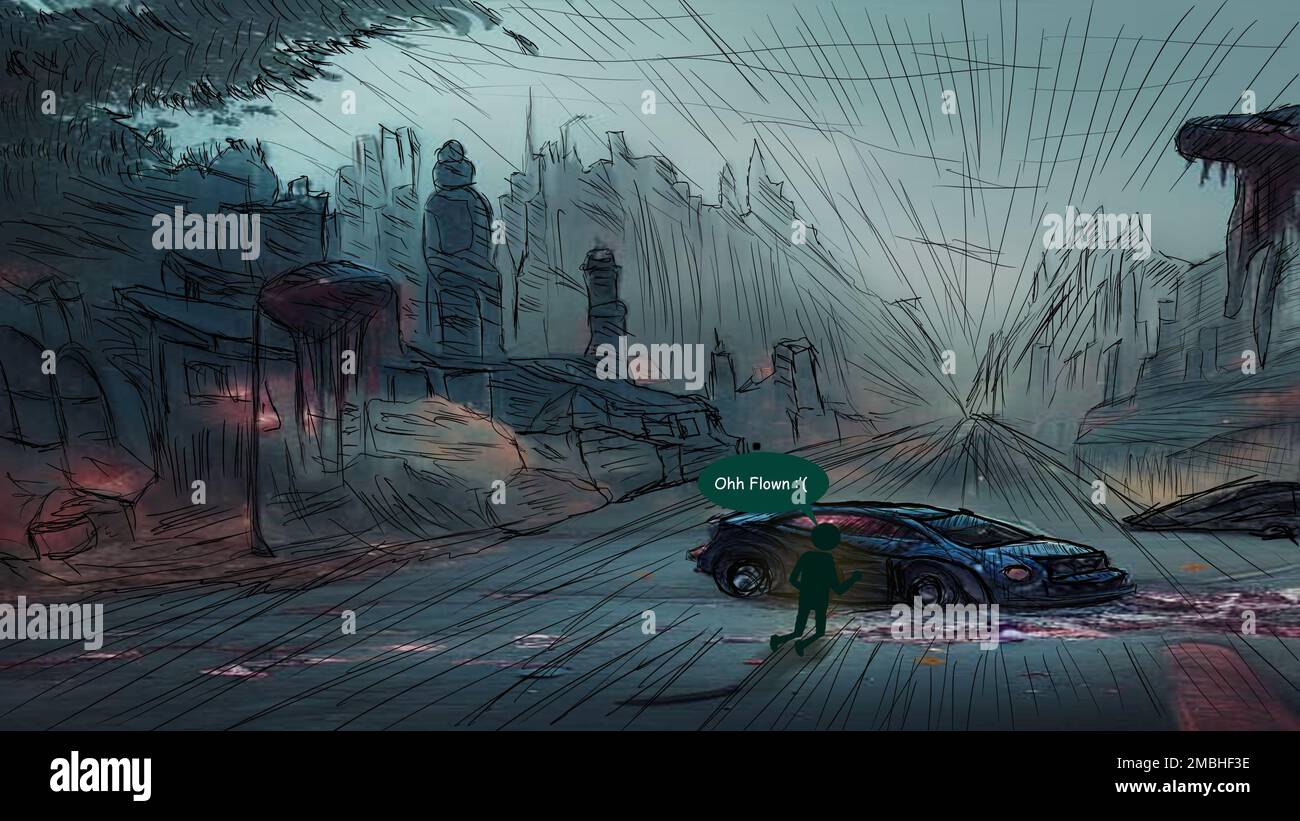 An illustration of a comics sketches portraying a car and a person on ...