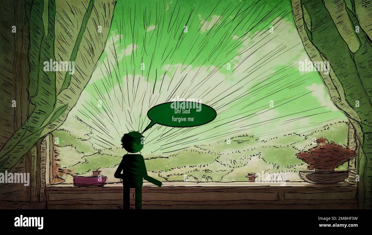 An illustration of a comics sketches portraying a person looking out of ...