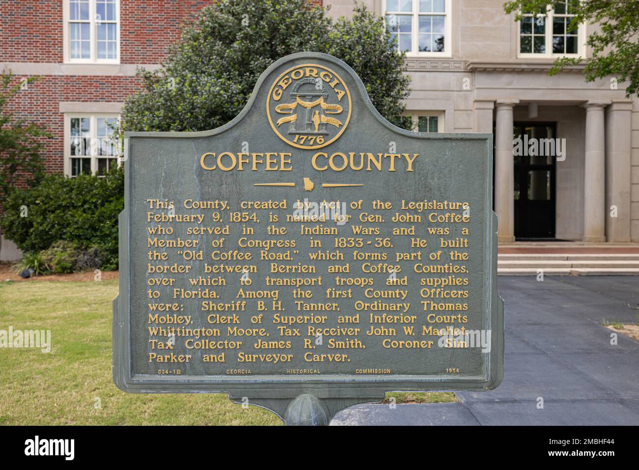 Douglas, Georgia, USA - April 17, 2022: Plaque tells the history of the Coffee County Stock ...