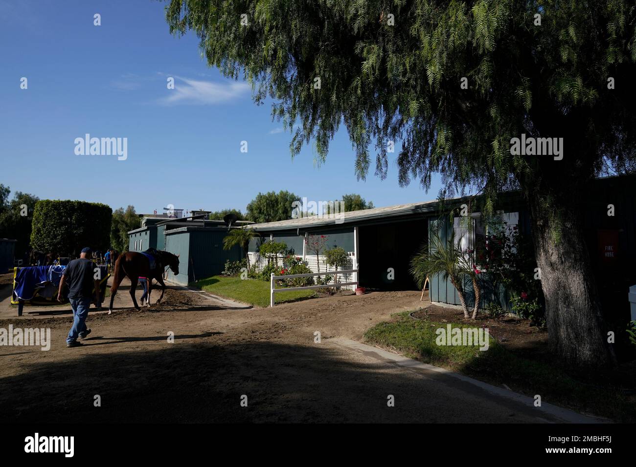 Workers and horses walk outside of horse trainer Bob Baffert's longtime ...