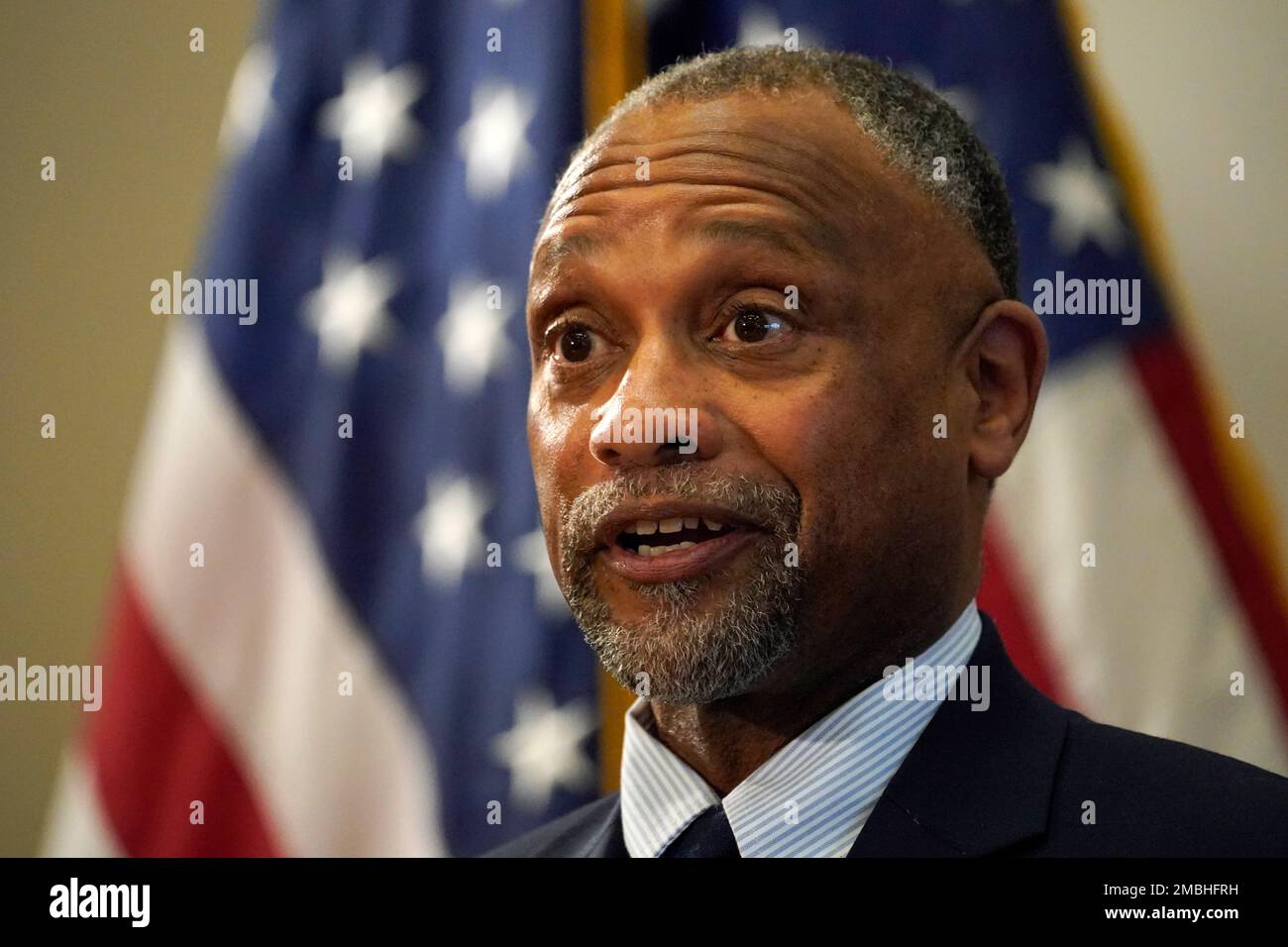 New Maine Supreme Court Justice Rick Lawrence speaks to reporters ...