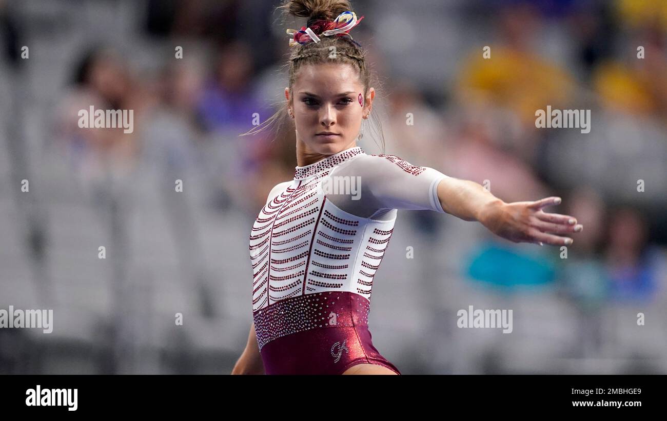 Oklahoma's Jordan Bowers competes on the floor exercise during the NCAA ...
