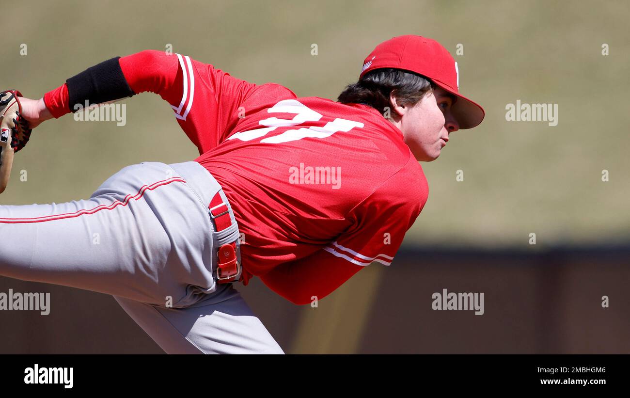 Miami's Ryan Starr pitches during an NCAA baseball game on Sunday ...