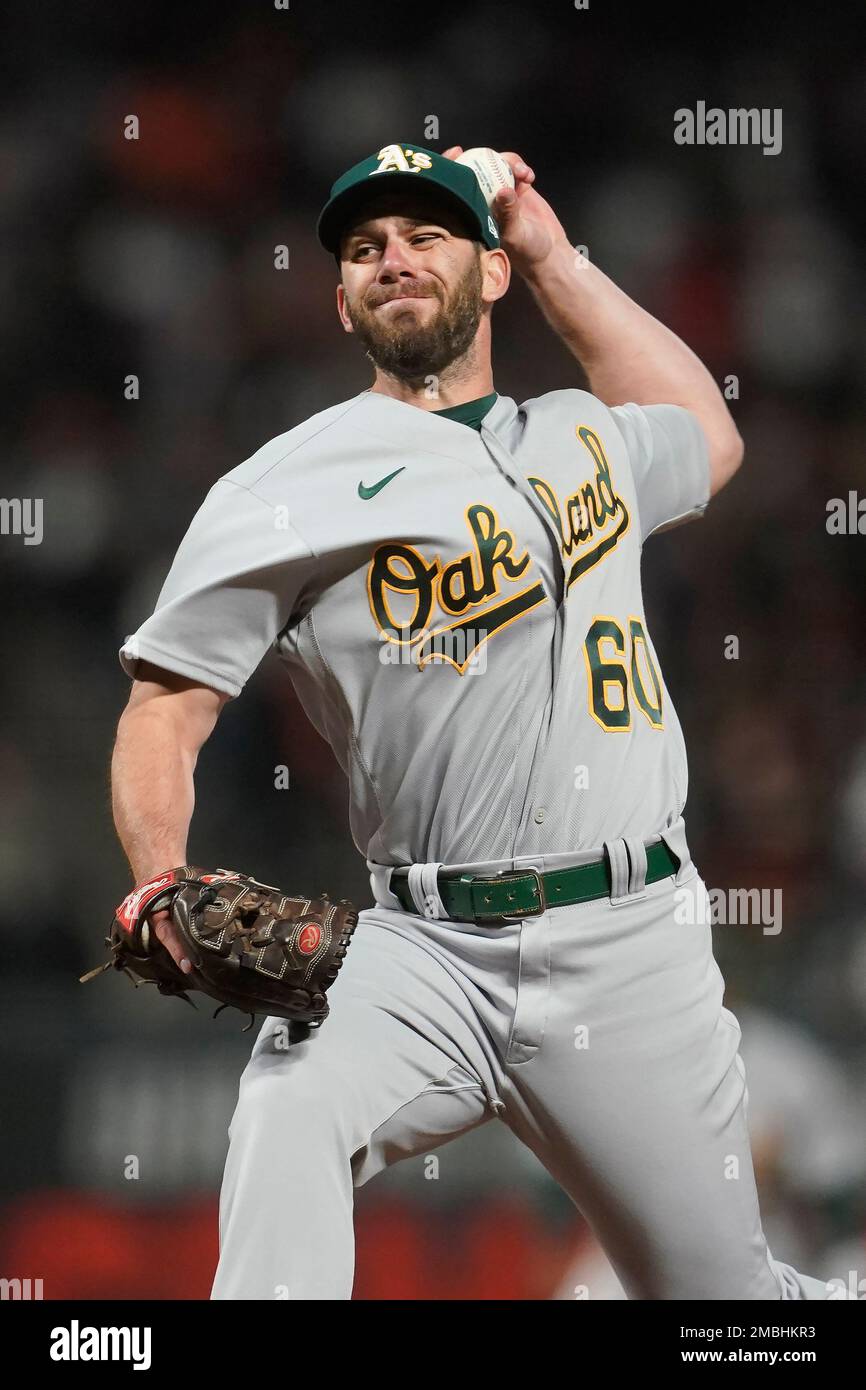 Oakland Athletics pitcher Sam Moll against the San Francisco Giants ...