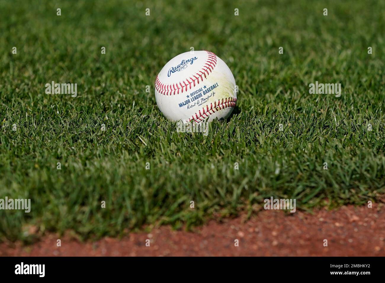 A ball is shown on the field before a baseball game between the San ...
