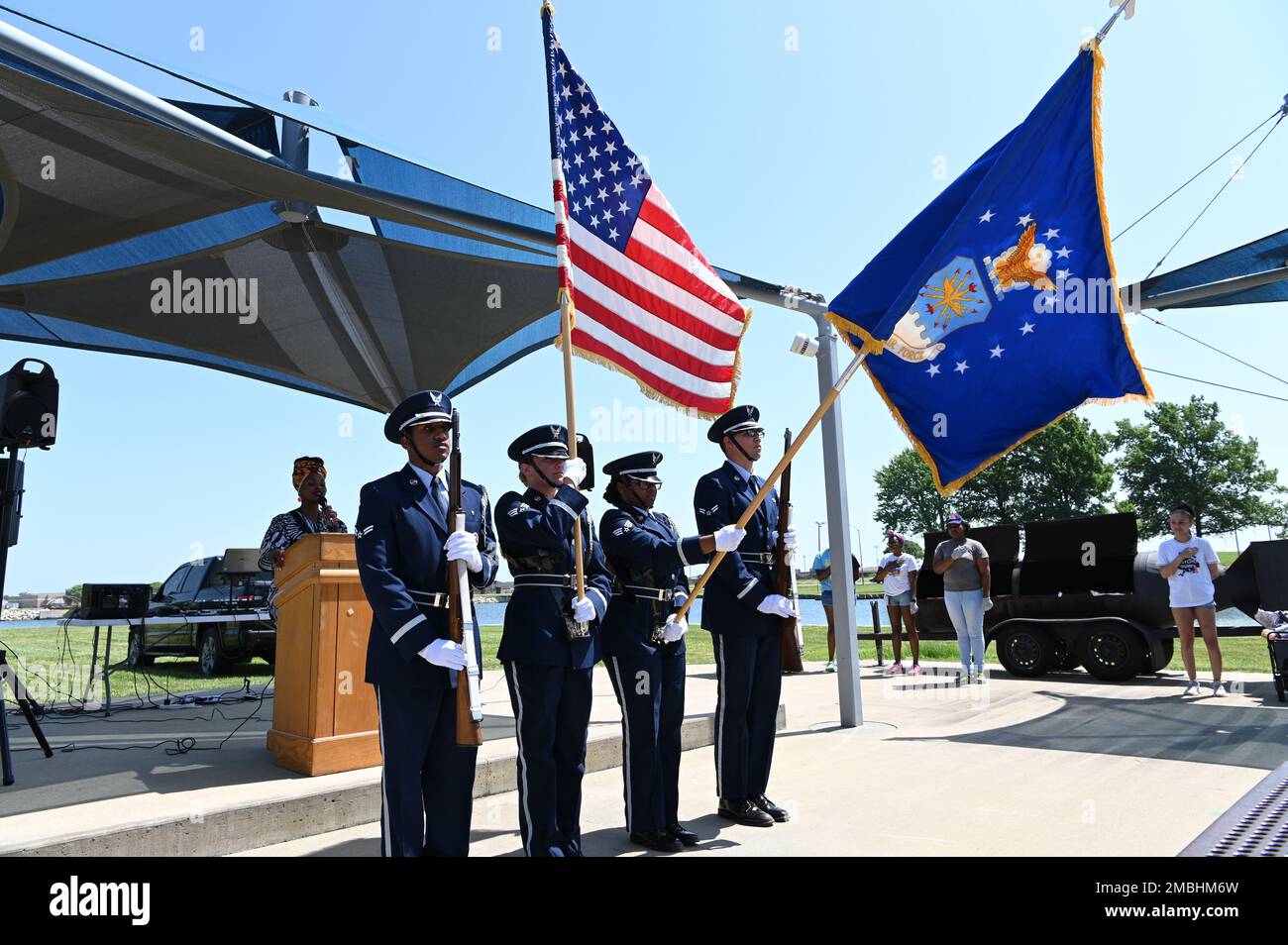 Members of Whiteman Honor Guard present colors at a Juneteenth event at ...