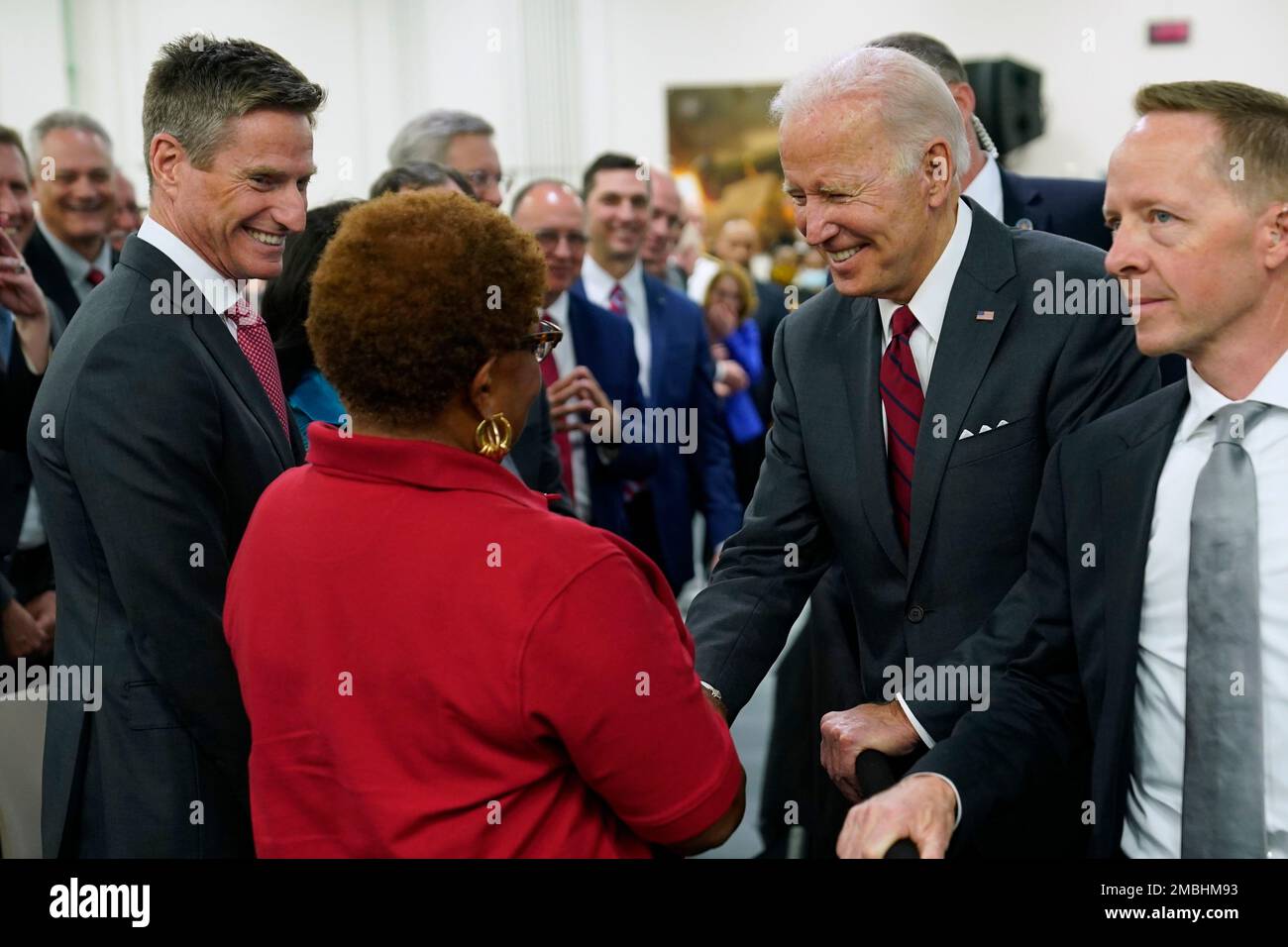 President Joe Biden greets Linda Griffin a assembler in the Javelin ...