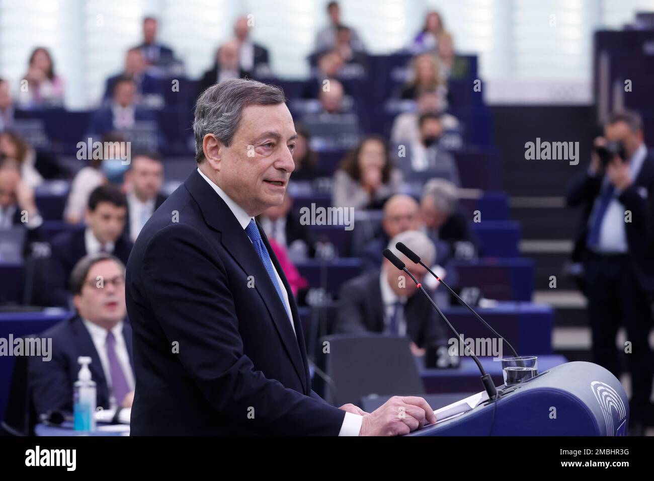 Italian Prime Minister Mario Draghi delivers his speech Tuesday, May 3 ...