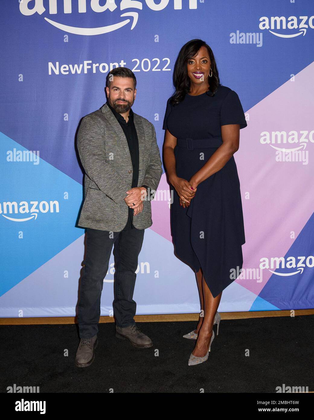 Ryan Pirozzi, left, and Lauren Anderson attend the Amazon NewFronts ...
