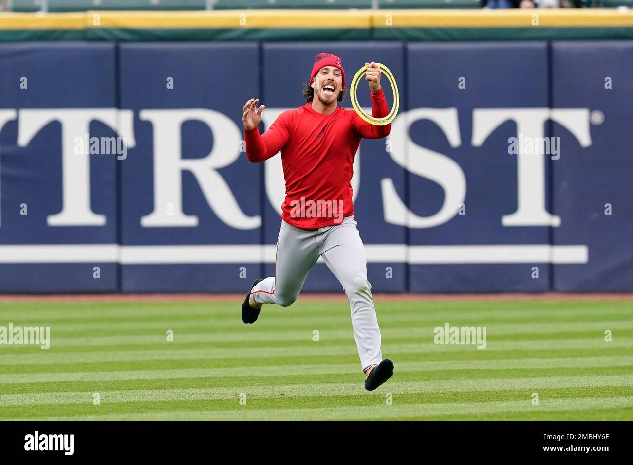 Los Angeles Angels' Michael Lorenzen catches a flying disc before a ...