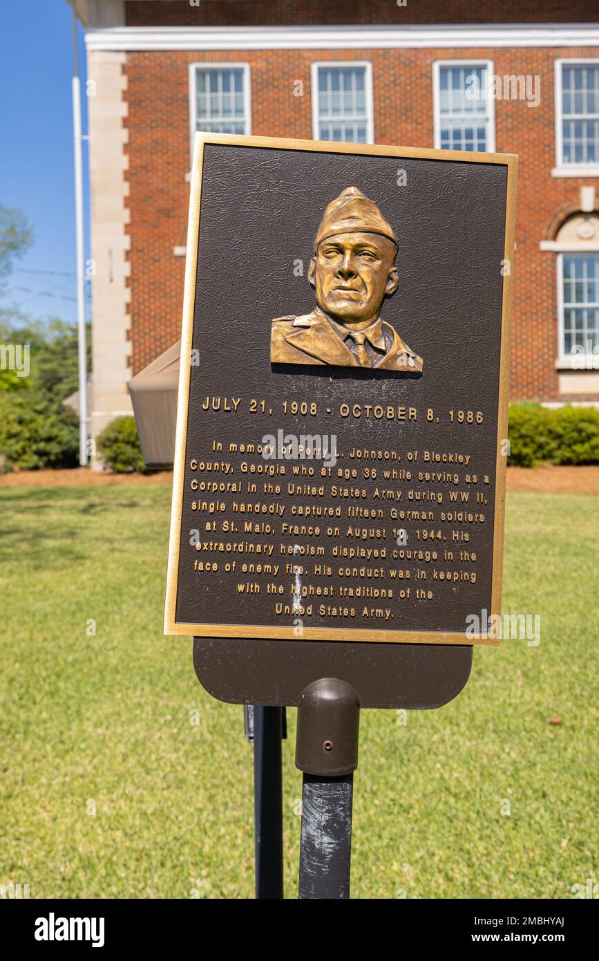 Cochran, Georgia, USA - April 19, 2022: Plaque in memory of Perry L ...