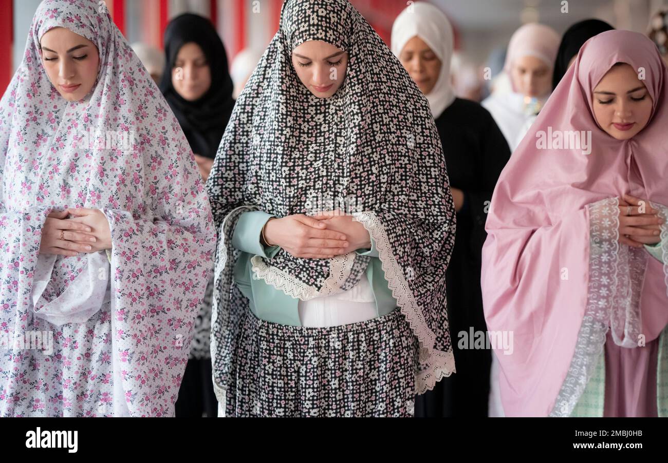 Women attend Eid al-Fitr prayers in Bucharest, Romania, Monday, May 2 ...