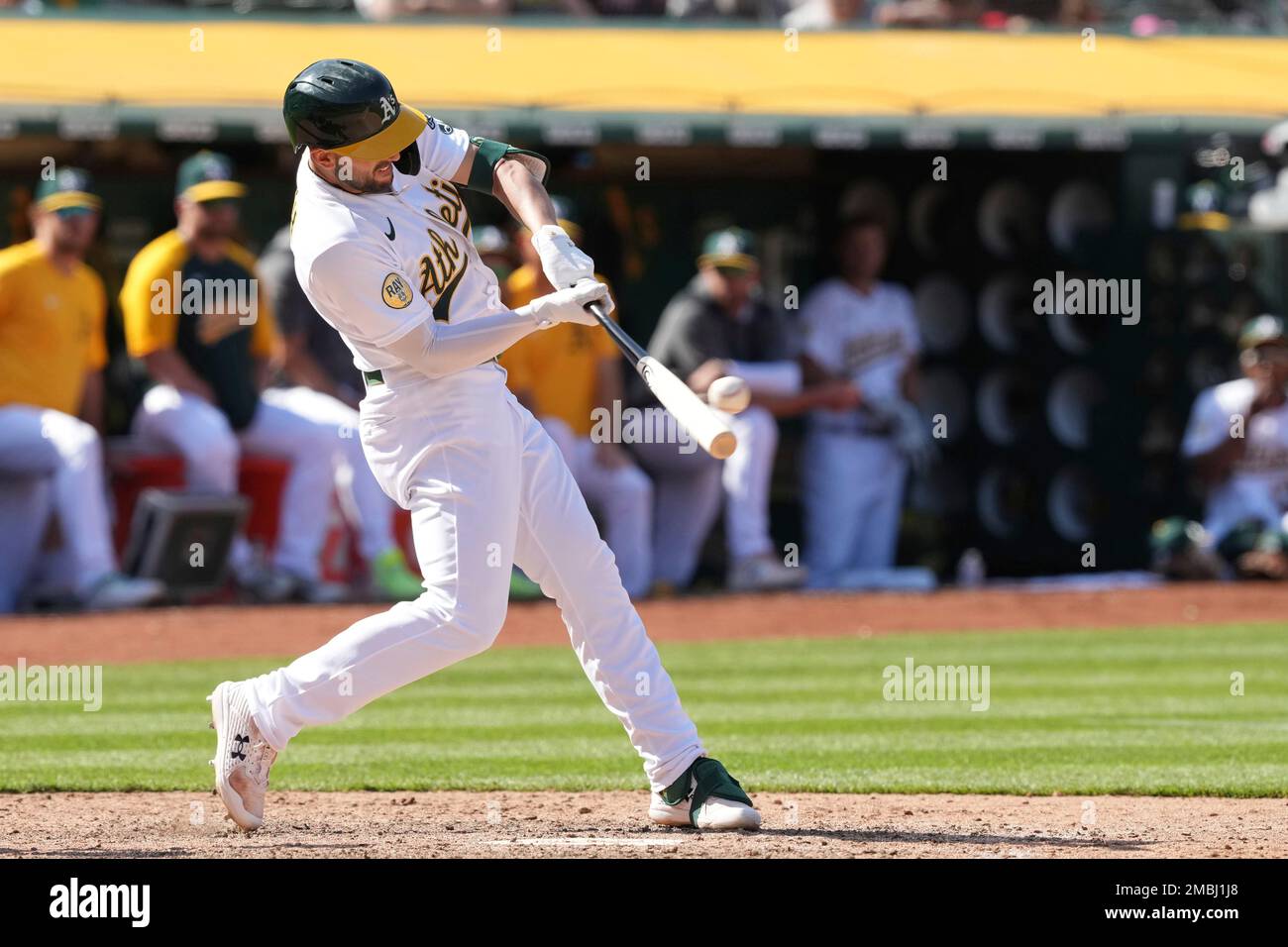 Oakland Athletics' Kevin Smith hits an RB-double against the Cleveland ...
