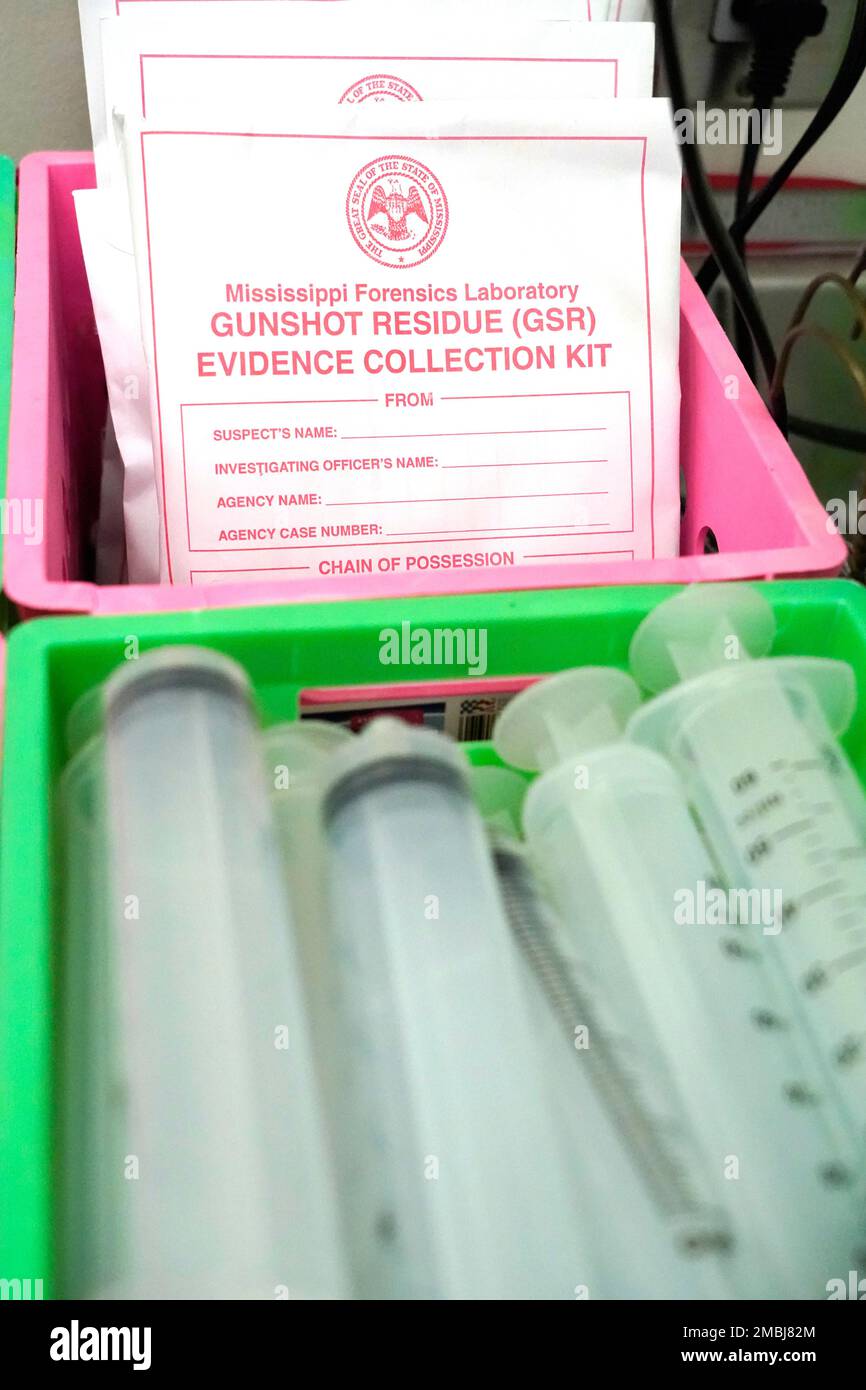 A gunshot residue collection kit is pictured in the autopsy room at the ...