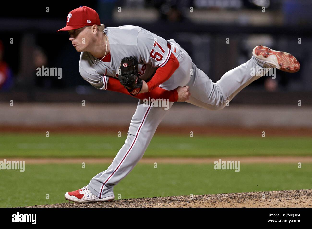 Philadelphia Phillies pitcher Nick Nelson follows through on a throw ...