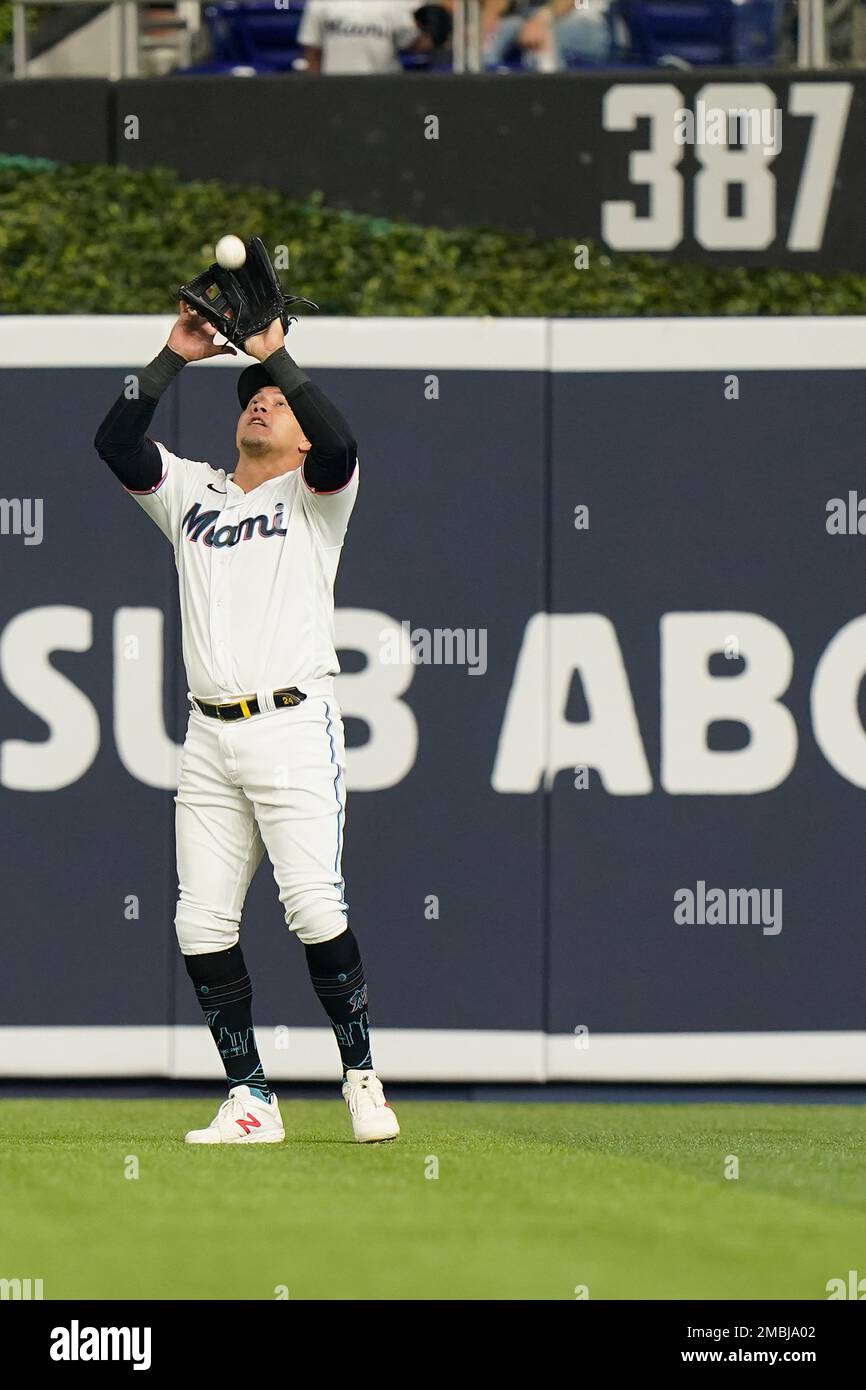 Miami Marlins right fielder Avisail Garcia (24) catches a ball hit by ...