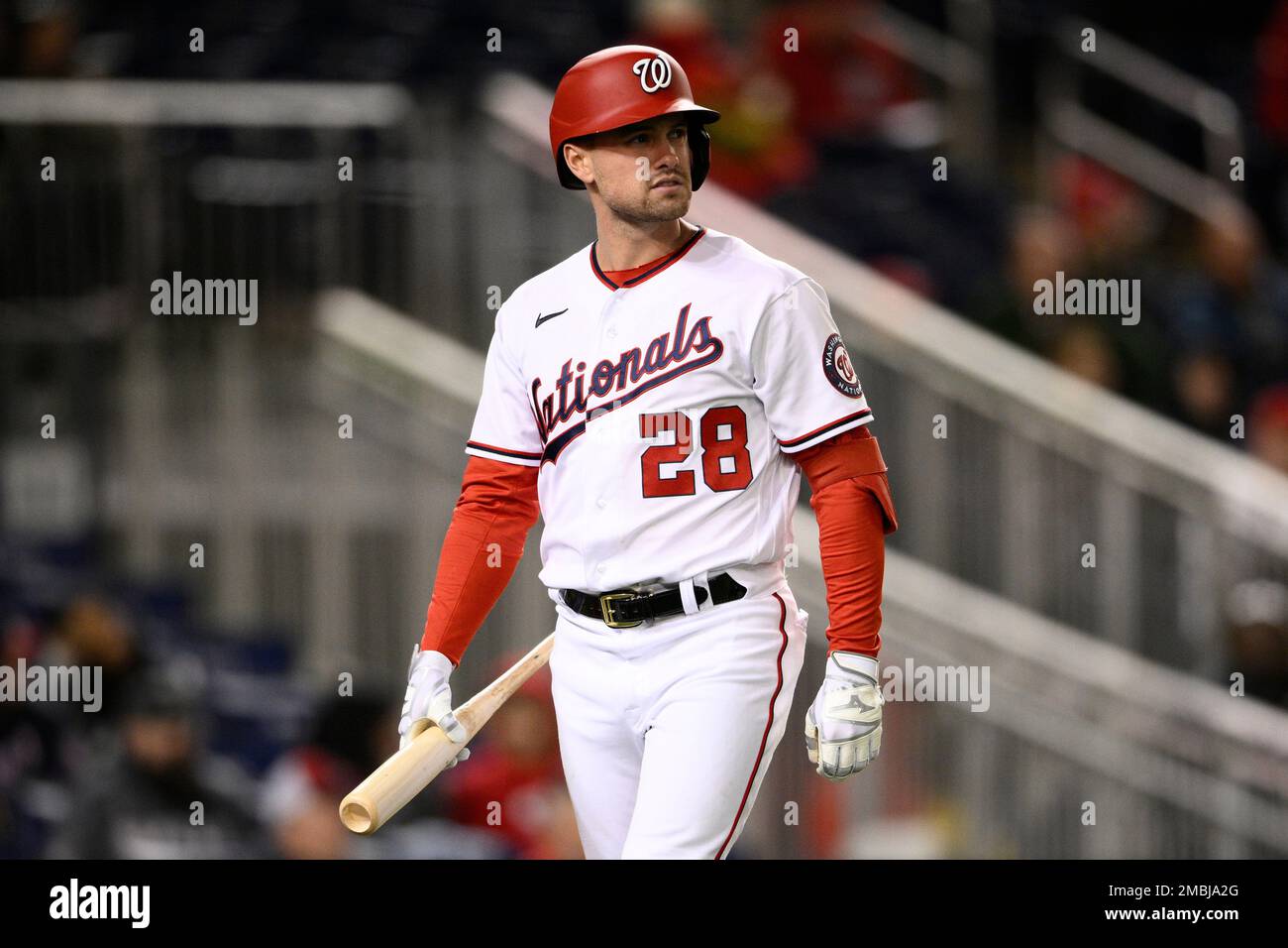 Washington Nationals' Lane Thomas looks on during a baseball game ...