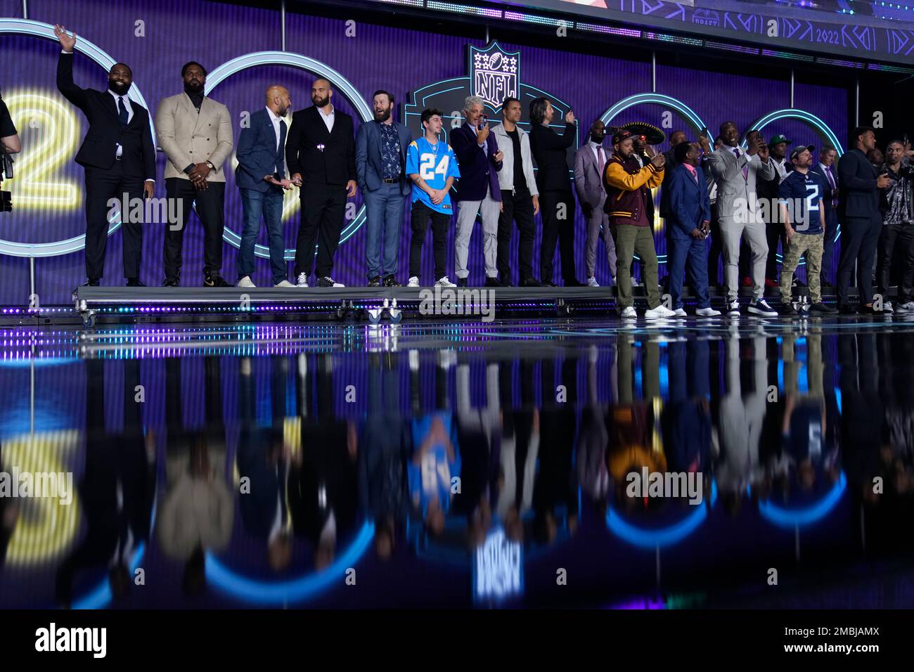 Prospects stand on the state before the second round of the NFL football draft Friday, April 29 ...