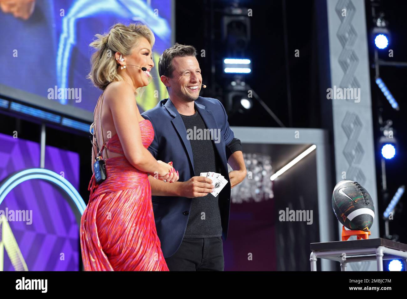 Magician Mat Franco performs at trick with host Colleen Wolfe before ...