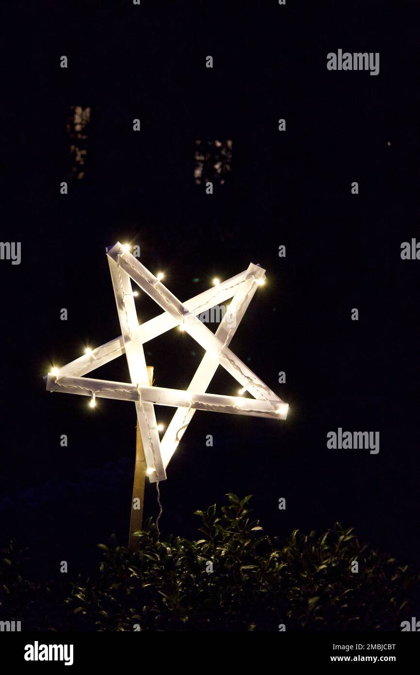 Star light up at night with bush below and darkened building in the ...