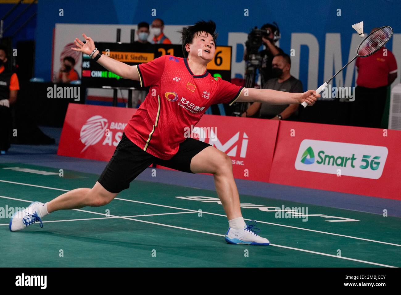 China's He Bing Jiao competes against India's Sindhu V. Pusarla during ...