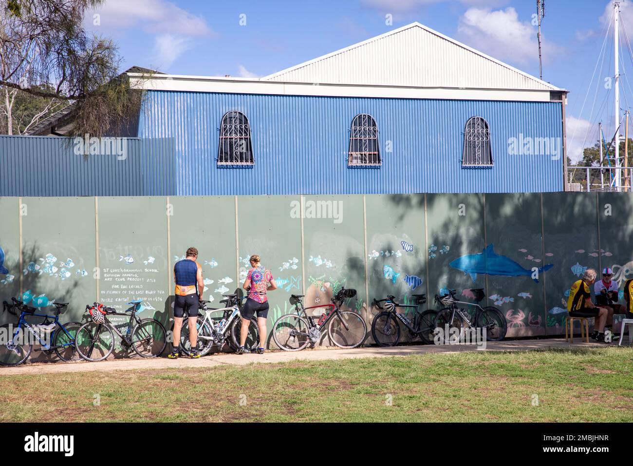Cyclists bicycles and rest stop in Church Point, Sydney,NSW,Australia ...