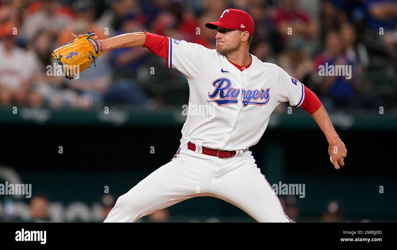 Texas Rangers' Brett Martin pitches in the fifth inning of a baseball ...