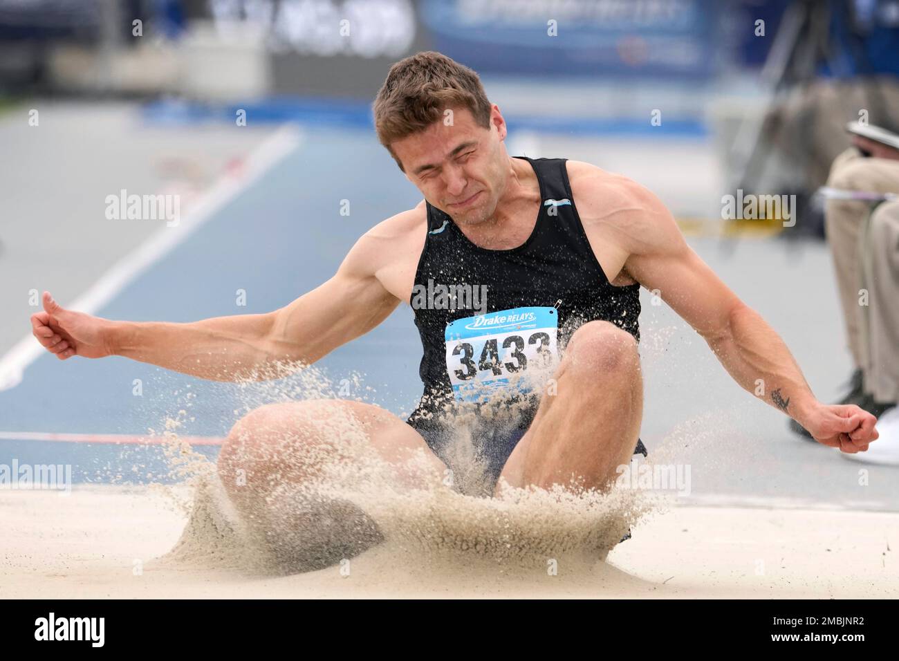 William Eggers competes in the decathlon long jump at the Drake Relays ...