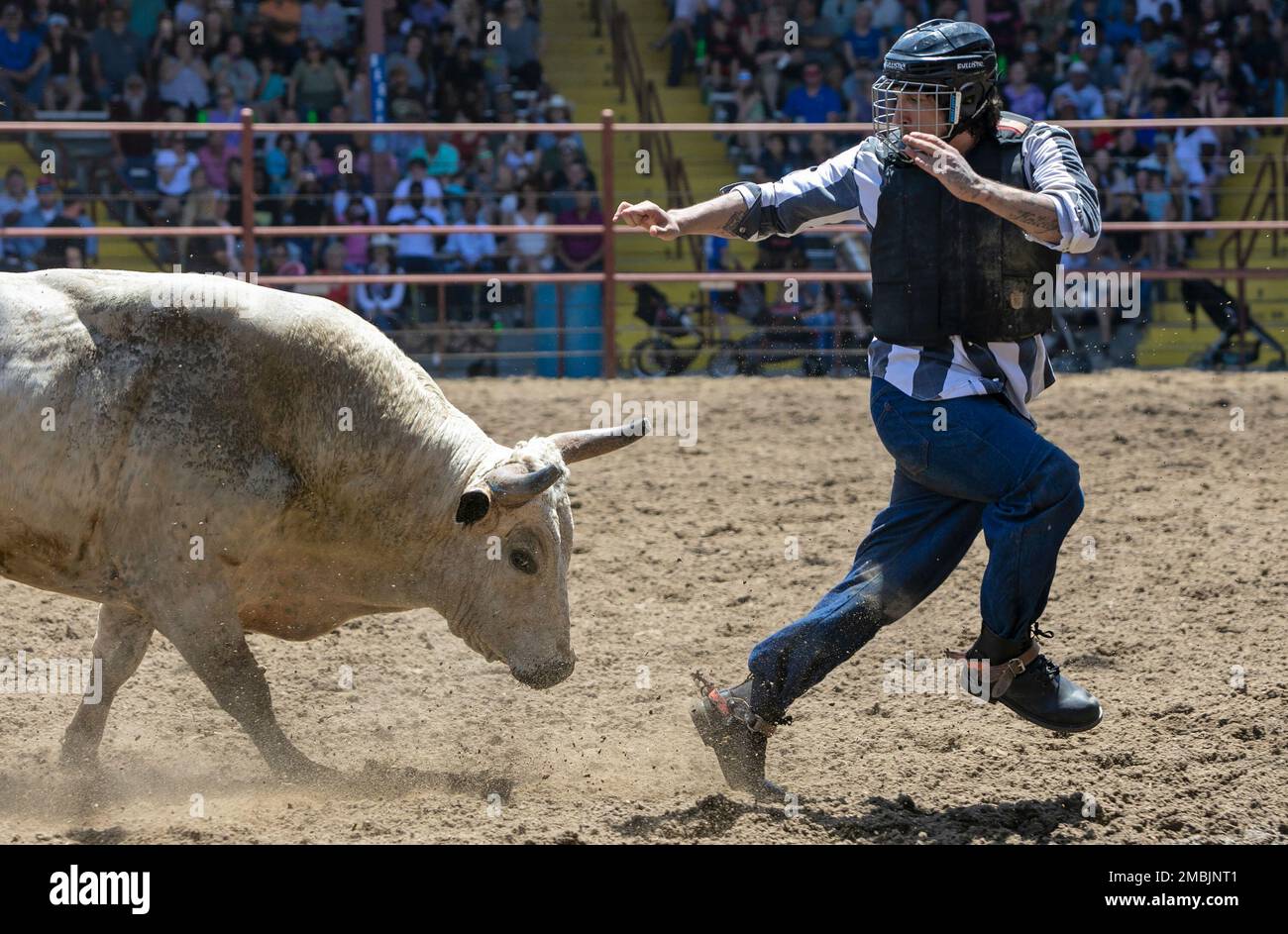 An inmate runs from a charging bull during the Angola Prison Rodeo in ...