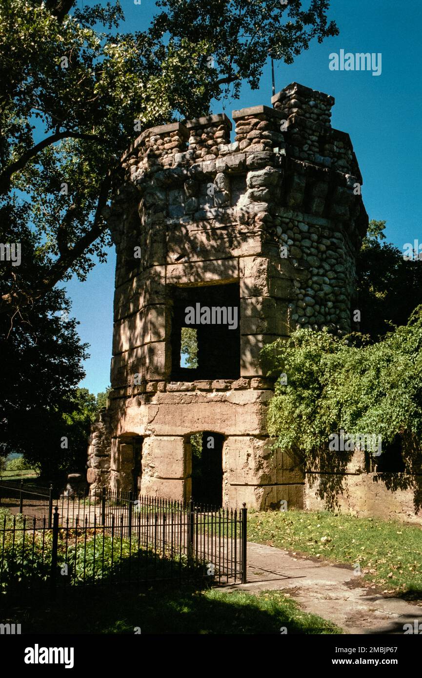 A tower of the Bancroft Castle stands against a blue sky on a sunny ...