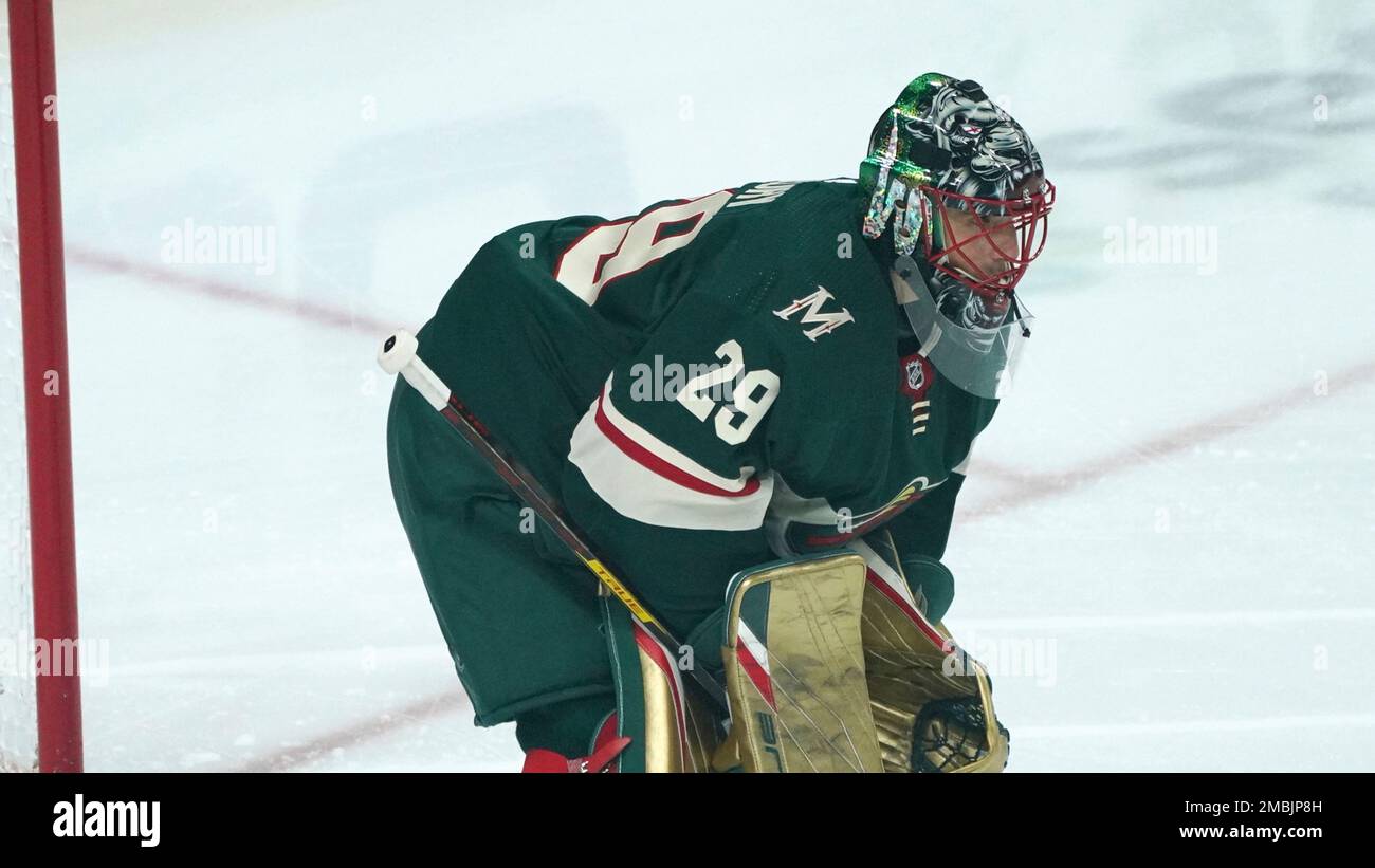 Minnesota Wild goalie Marc-Andre Fleury defends the net in an NHL ...