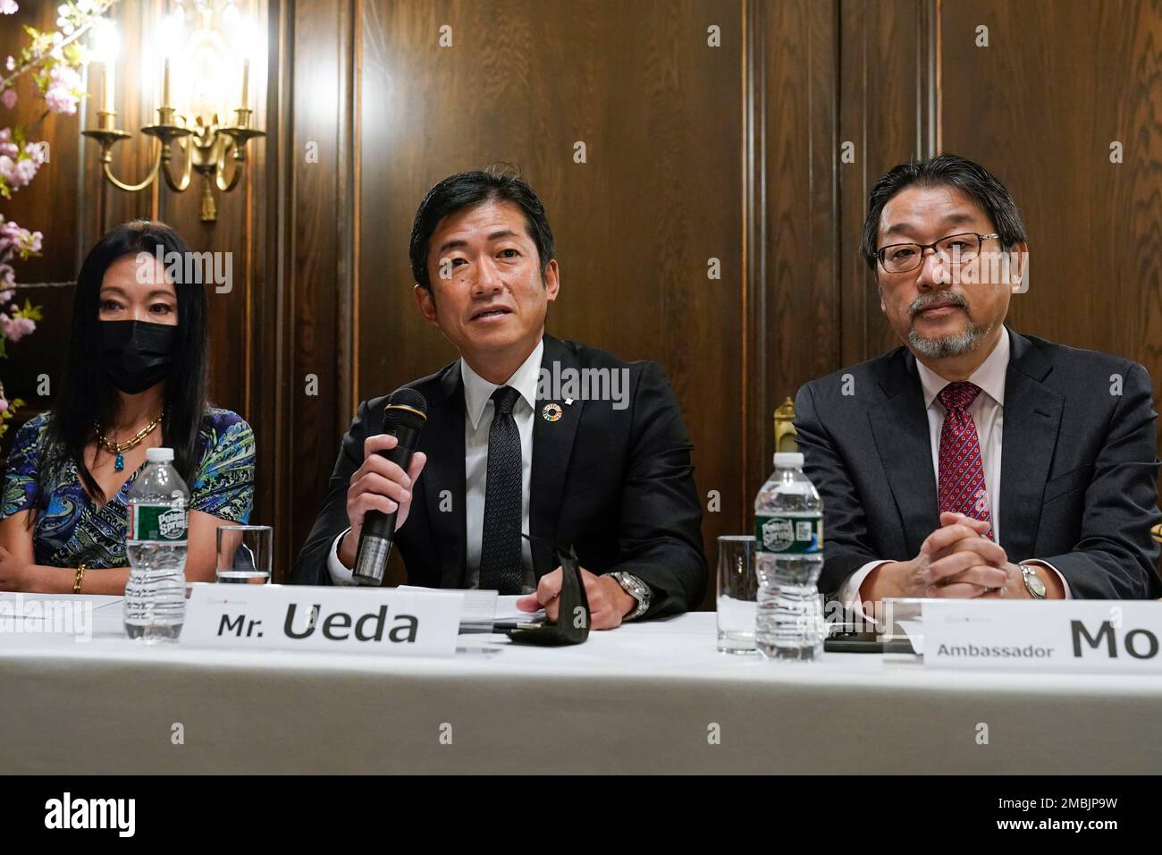 While the Consul General of Japan Mikio Mori, right, and producer Kumiko Yoshii, left, listen ...