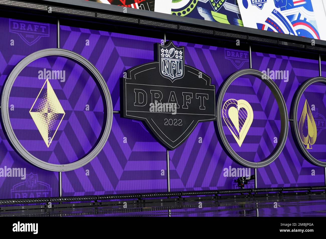 A general view of the NFL Draft 2022 logo in the NFL Draft Theater ...