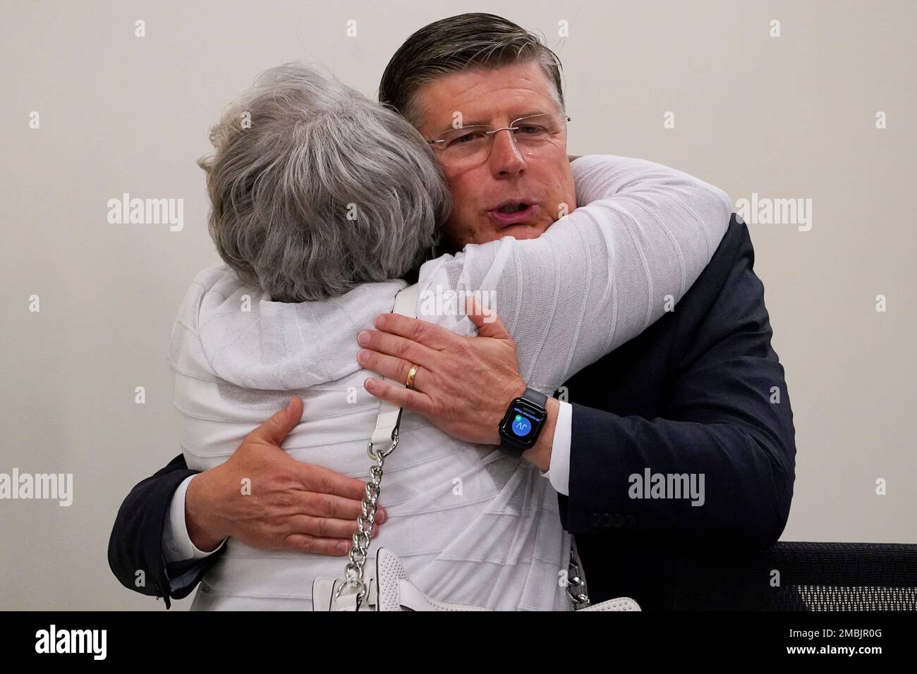 Virginia State Sen. Stephen Newman, R-Bedford, right, gets a hug from ...