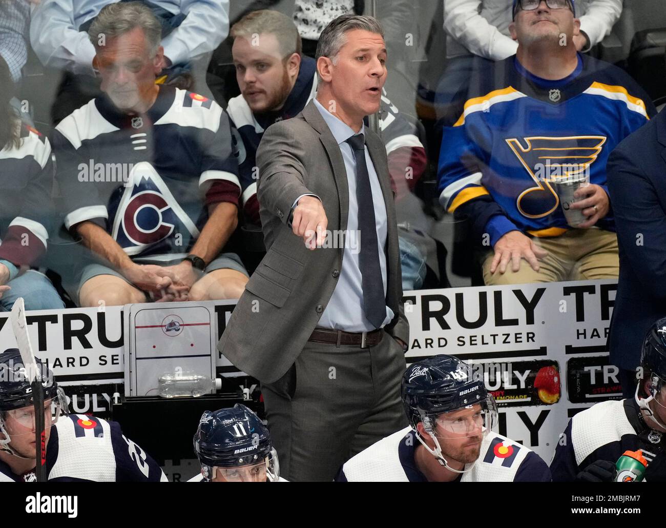 Colorado Avalanche coach Jared Bednar directs the team during the third ...