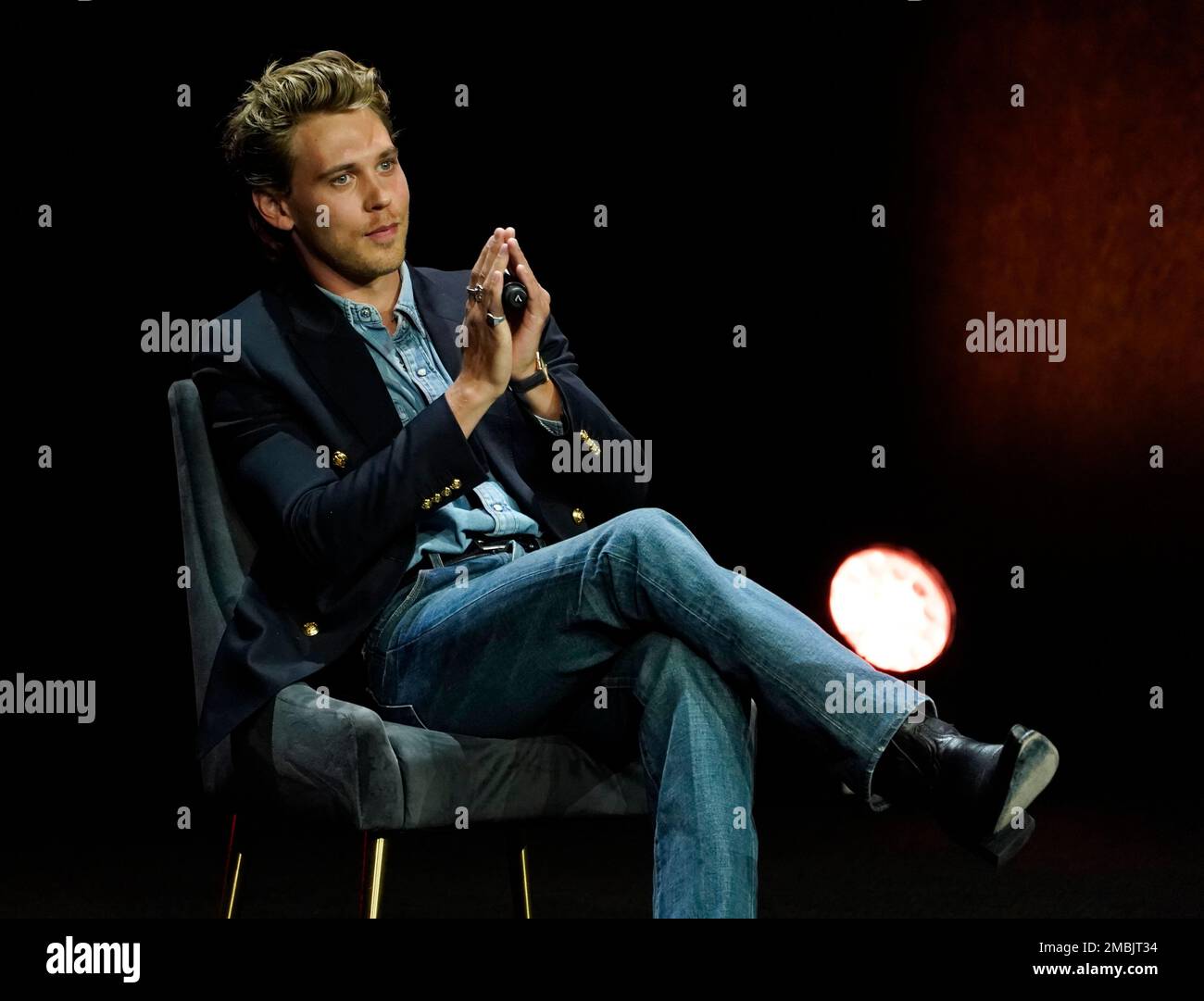 Austin Butler, star of the upcoming film "Elvis," takes part in a ...